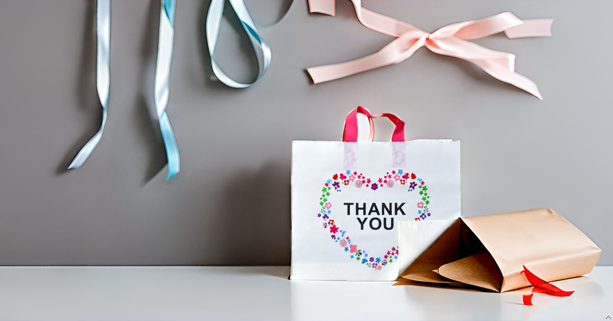 50Pcs Beige Thank You Bags for Small Business,Boutique Bags with Soft Loop Handle,Plastic Christmas Bags,Size:15"x12"x3"（38 * 30 * 8CM 2.8 Mil