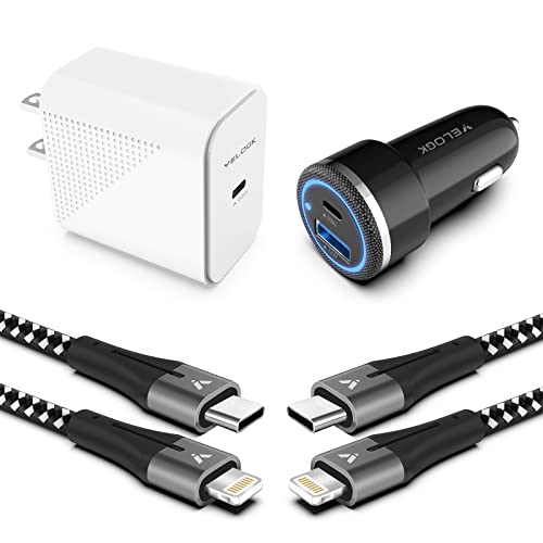 iPhone 13 14 12 Fast Charger Kit, VELOGK 20W USB C PD Wall/Car Charger Adapter for iPhone 14/13/12/Pro/Max/Mini/11/Xs Max/XR/X, iPad Pro/Air, with 2X【Apple MFi Certified】iPhone Lightning Cables(6.6ft)
