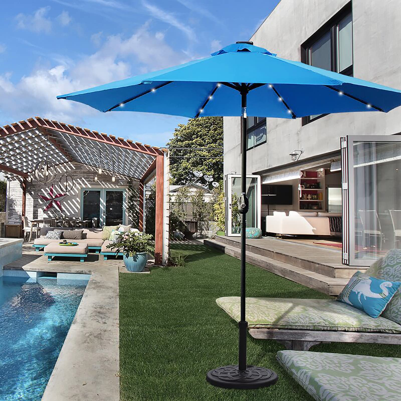 YUDIZWS Patio Umbrella for Outdoor Market Table-8 Ribs 9Ft Double-Sided Sun Umbrella Garden Parasol Patio Sun Shade Outdoor with LED Solar Light