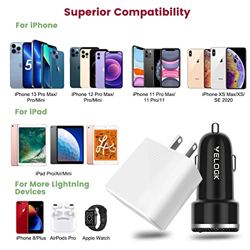 iPhone 13 14 12 Fast Charger Kit, VELOGK 20W USB C PD Wall/Car Charger Adapter for iPhone 14/13/12/Pro/Max/Mini/11/Xs Max/XR/X, iPad Pro/Air, with 2X【Apple MFi Certified】iPhone Lightning Cables(6.6ft)