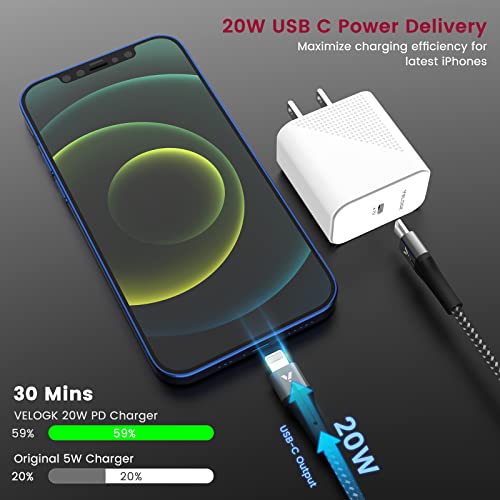iPhone 13 14 12 Fast Charger Kit, VELOGK 20W USB C PD Wall/Car Charger Adapter for iPhone 14/13/12/Pro/Max/Mini/11/Xs Max/XR/X, iPad Pro/Air, with 2X【Apple MFi Certified】iPhone Lightning Cables(6.6ft)