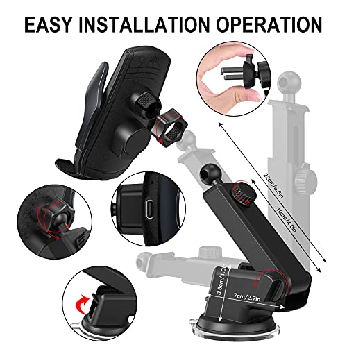 Wireless Car Charger Mount, 15W Qi Fast Charging Auto-Clamping Cell Phone Car Holder Air Vent Windshield Dashboard Long Arm Suction Cup Car Phone Mount for iPhone13 /12/11 Samsung S20/S10/S9/S8 LG
