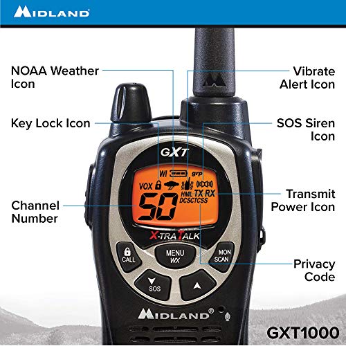 Midland Two-Way Radio - with External Magnetic Mount Antenna & GXT1000 Radio - Long Range Walkie Talkies (Black/Silver, Pair Pack)