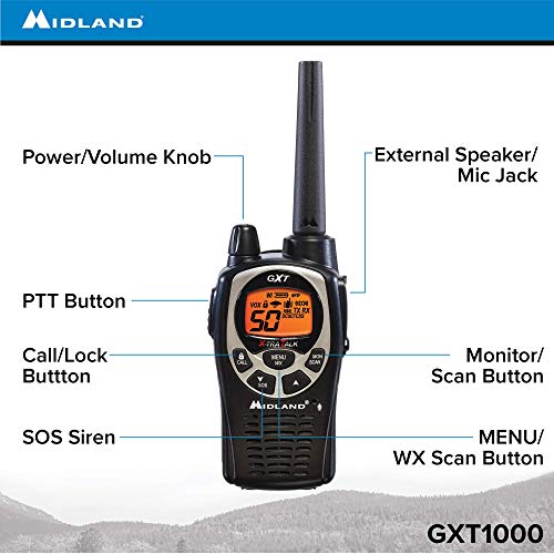 Midland Two-Way Radio - with External Magnetic Mount Antenna & GXT1000 Radio - Long Range Walkie Talkies (Black/Silver, Pair Pack)