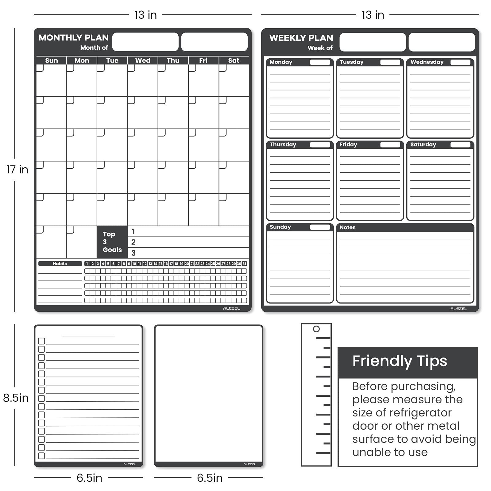 ALEZEL Magnetic Calendar for Refrigerator - 13"x17", Dry Erase Fridge Calendar Set (4 Boards) - Monthly & Weekly Planner Whiteboard, Blank & to Do List White Board, 6 Markers + Eraser
