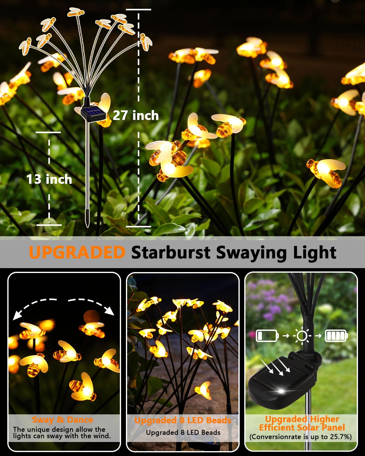 Otdair Solar Lights for Outside Garden,New-Upgraded 4 Pack Solar Lights Outdoor Waterproof,Outdoor Lights Solar Powered Bee Lights,Garden Lights Solar Outdoor for Backyard Garden Warm 8LED