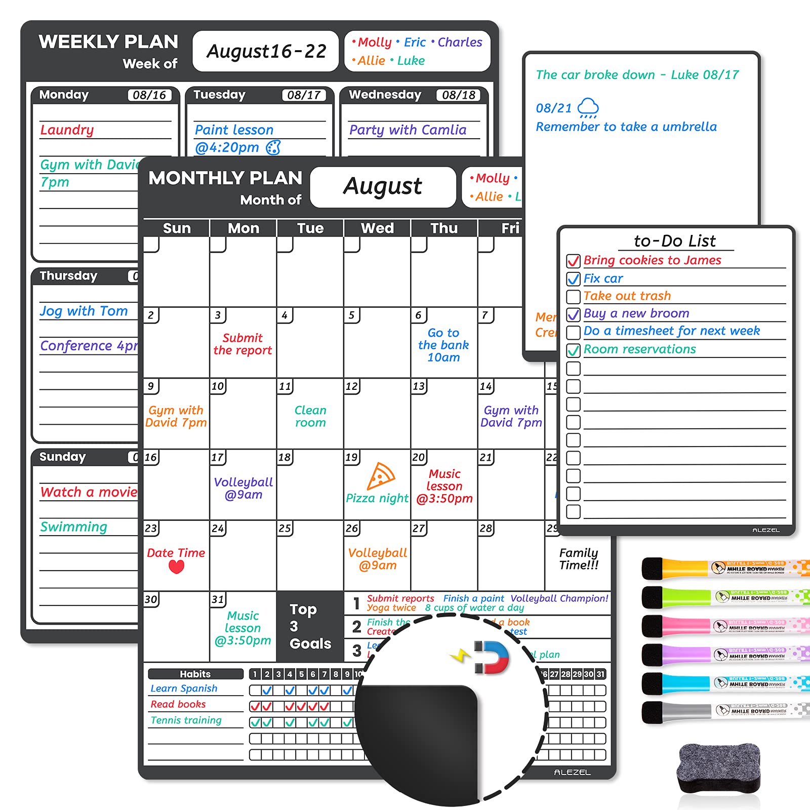 ALEZEL Magnetic Calendar for Refrigerator - 13"x17", Dry Erase Fridge Calendar Set (4 Boards) - Monthly & Weekly Planner Whiteboard, Blank & to Do List White Board, 6 Markers + Eraser