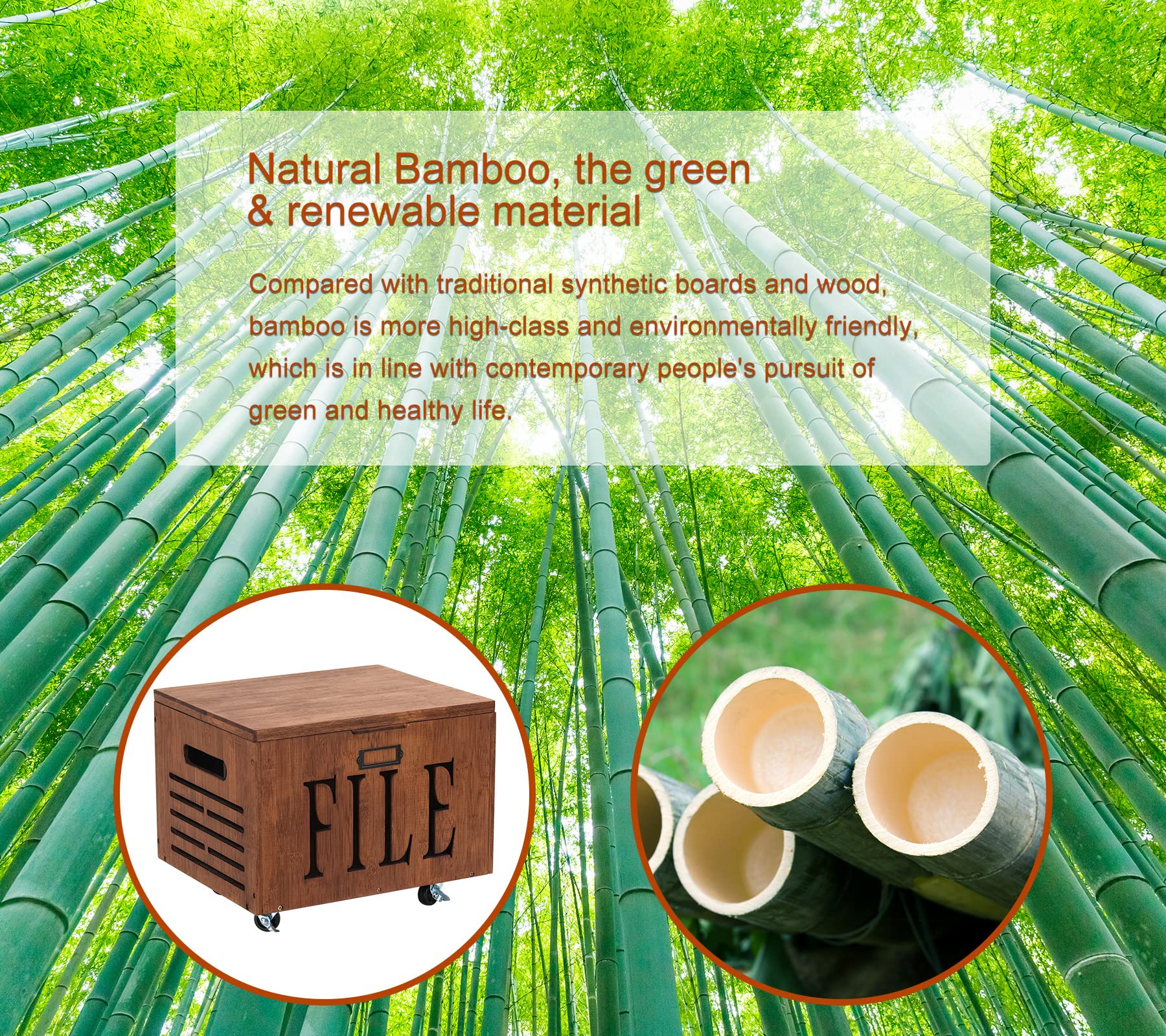 TQVAI Bamboo File Cabinet with Wheels, Hanging Letter Legal Document Folder, Mobile Filing Storage Box for Home Office, Coffee Brown