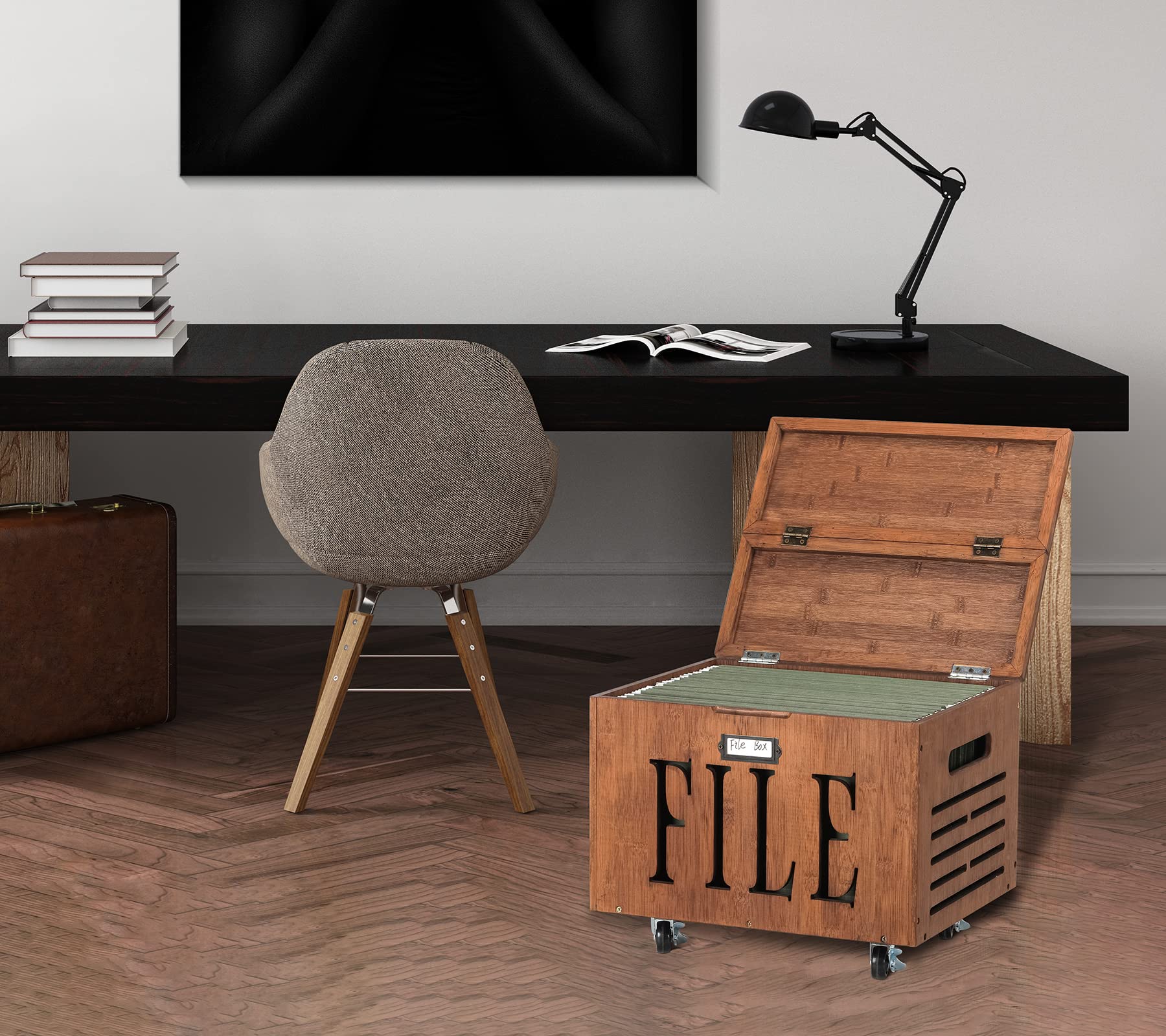 TQVAI Bamboo File Cabinet with Wheels, Hanging Letter Legal Document Folder, Mobile Filing Storage Box for Home Office, Coffee Brown
