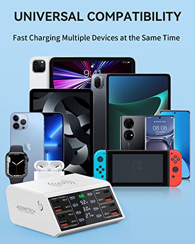 USB Charging Station, 100W 8-Port Charging Station for Multiple Devices with 4 QC3.0+4 USB C PD Ports, Wireless Charger, Multi Fast Charging Hub USB C Charging Station for iPhone,Samsung, iPad