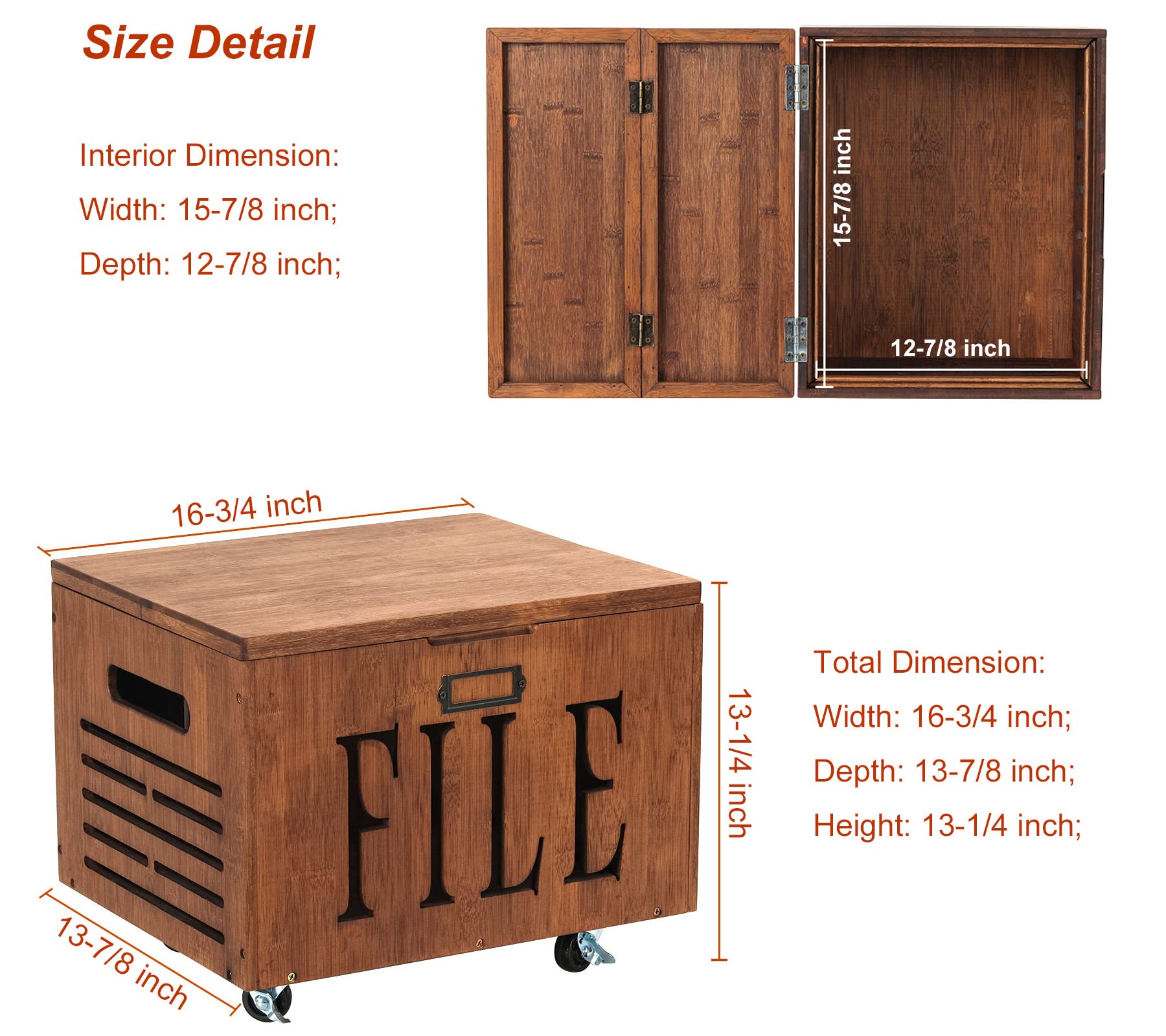 TQVAI Bamboo File Cabinet with Wheels, Hanging Letter Legal Document Folder, Mobile Filing Storage Box for Home Office, Coffee Brown