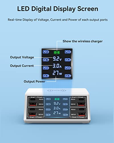 USB Charging Station, 100W 8-Port Charging Station for Multiple Devices with 4 QC3.0+4 USB C PD Ports, Wireless Charger, Multi Fast Charging Hub USB C Charging Station for iPhone,Samsung, iPad