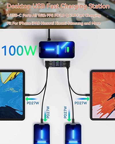 USB Charging Station, 100W 8-Port Charging Station for Multiple Devices with 4 QC3.0+4 USB C PD Ports, Wireless Charger, Multi Fast Charging Hub USB C Charging Station for iPhone,Samsung, iPad