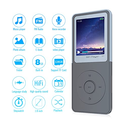MP3 Player,Voice Recorder,MP4 Player with Bluetooth 16GB Portable Digital HiFi Lossless Music Long Battery Time 1.8" Screen Support up to 128GB White