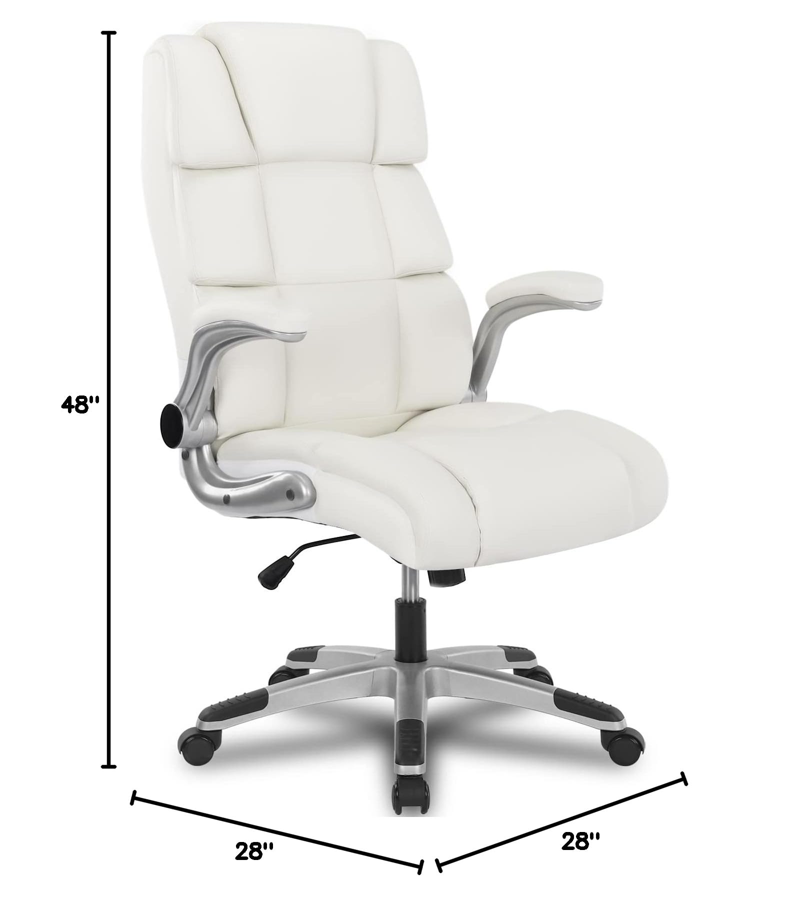 KCREAM Office Chair with Flip-up Armrests, Executive Chair Swivel Rolling PU Leather Chair Home Office Desk Chairs with Wheels and Memory Foam Back Support, Comfy Chair 300Lb Weight Capacity (White)
