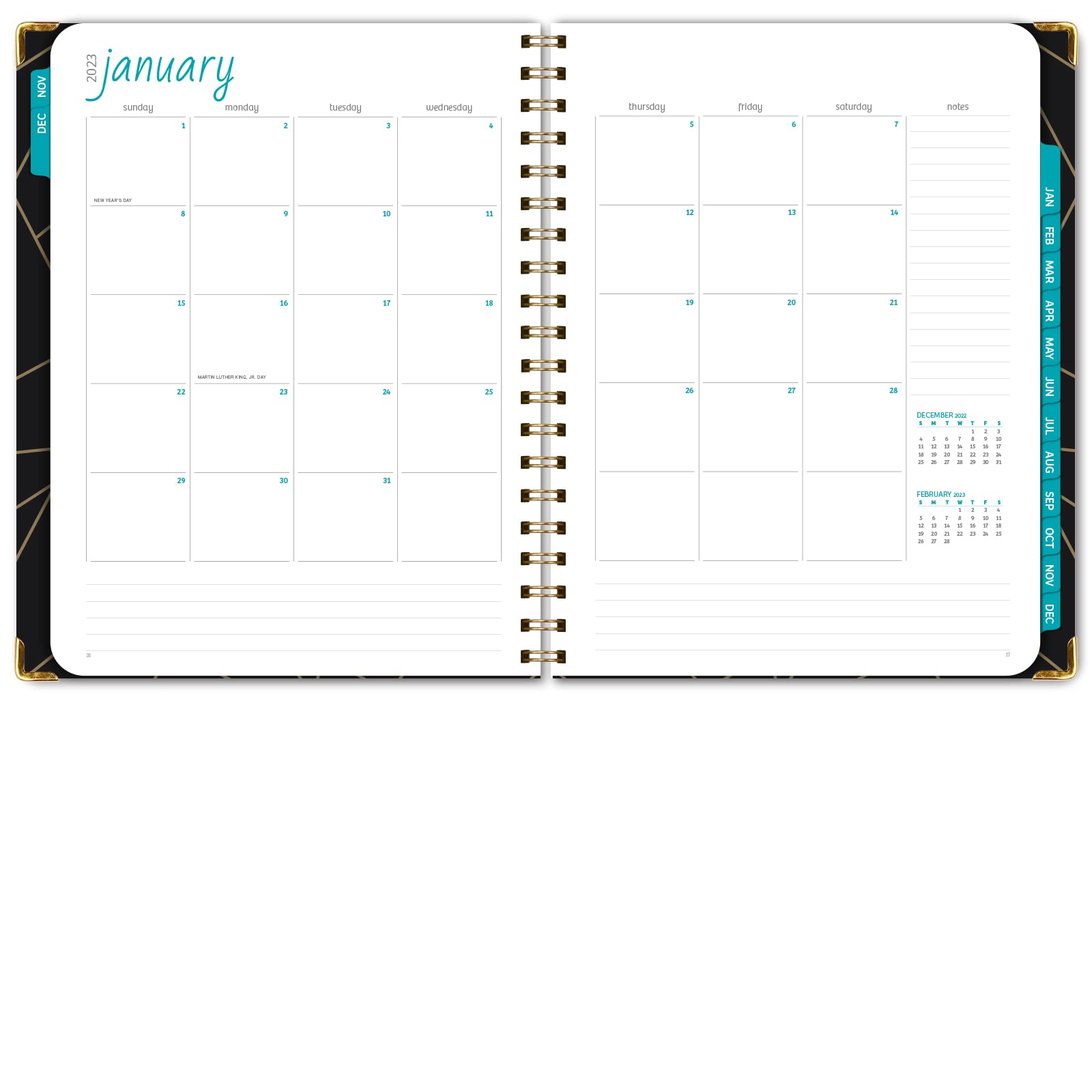 HARDCOVER 2023 Planner: (November 2022 Through December 2023) 8.5"x11" Daily Weekly Monthly Planner Yearly Agenda. Bookmark, Pocket Folder and Sticky Note Set (Black Gold Triangles)