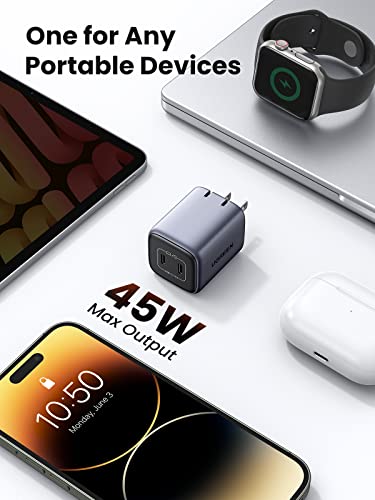 UGREEN 45W USB C Charger, Nexode GaN Dual USB C Foldable Wall Charger Block Support Samsung Super Fast Charging 2.0 Compatible with Galaxy S23 Ultra/S22/Note 20, iPhone 14, iPad, MacBook, Steam Deck