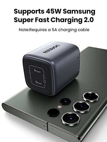 UGREEN 45W USB C Charger, Nexode GaN Dual USB C Foldable Wall Charger Block Support Samsung Super Fast Charging 2.0 Compatible with Galaxy S23 Ultra/S22/Note 20, iPhone 14, iPad, MacBook, Steam Deck