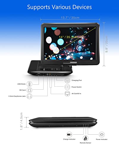 UEME 16''Portable DVD Player with 14''HD Large Screen, Mobile DVD Player for Kids with Rechargeable Battery, Support USB/SD Card/Sync TV and Multiple Disc Formats