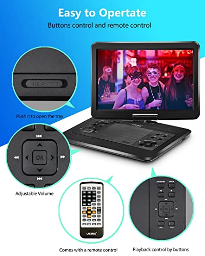 UEME 16''Portable DVD Player with 14''HD Large Screen, Mobile DVD Player for Kids with Rechargeable Battery, Support USB/SD Card/Sync TV and Multiple Disc Formats