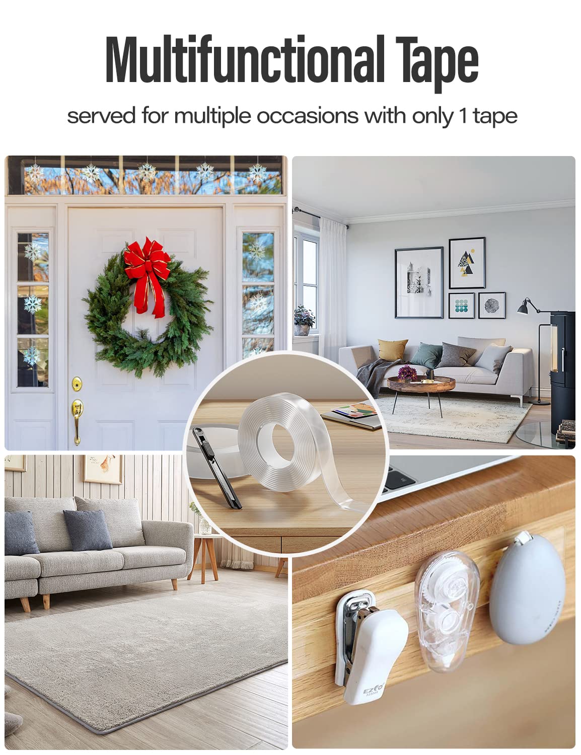 UALAU Double Sided Tape with Cutter, 16.5FT Heavy Duty Removable Washable Grip Mounting Tape for Home/Office/Car Decor, Fix Carpet Mats