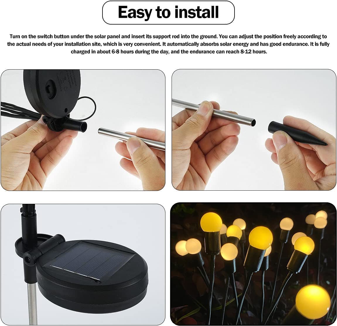 colcutee 4 Pack Solar Garden Lights, Solar Outdoor Swaying Lights Ip65 Watertight, 2 Lighting Modes Firefly Decorative Lights, for Landscaped Garden Access Patios (Warm White)