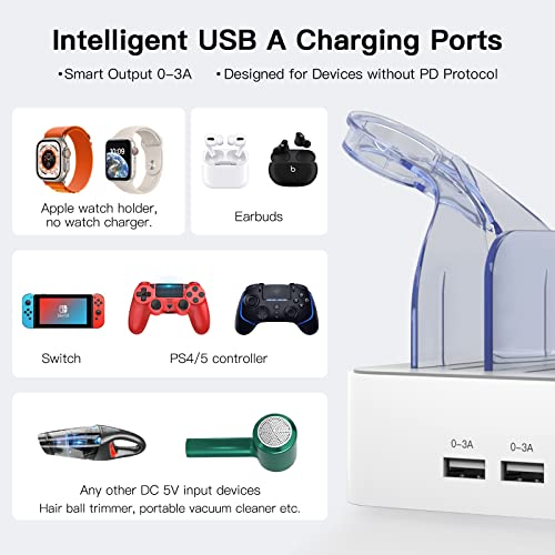 MSTJRY Fast Charging Station - USB C and USB A, 90W 5-Port PD Charger Station for Multiple Devices Apple Designed for iPad, iPhone 14 13 12 Series Galaxy Note 20 S21 S22 Tablet, Holder for Apple Watch