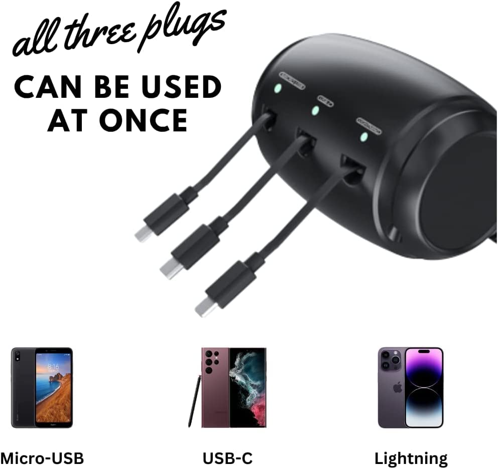 Multi Retractable Carbackseat Charger 3 in 1 - Compatible with All Type of Cellphones - Car Power Charging Station for iPhone/iPad/Android, Back seat Passengers | Share Ride (Black)