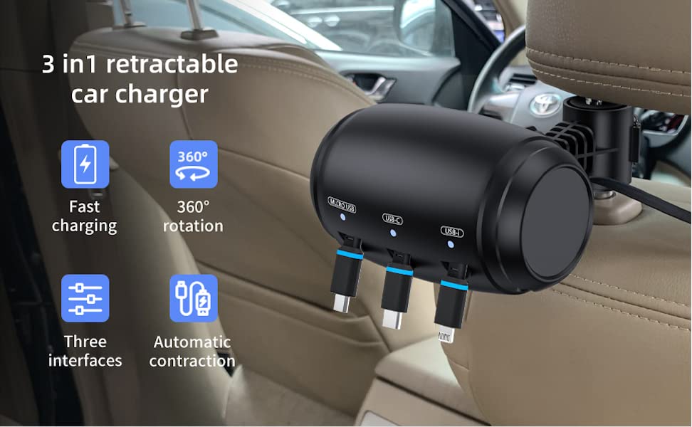 Multi Retractable Carbackseat Charger 3 in 1 - Compatible with All Type of Cellphones - Car Power Charging Station for iPhone/iPad/Android, Back seat Passengers | Share Ride (Black)