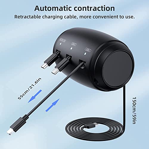 Multi Retractable Carbackseat Charger 3 in 1 - Compatible with All Type of Cellphones - Car Power Charging Station for iPhone/iPad/Android, Back seat Passengers | Share Ride (Black)