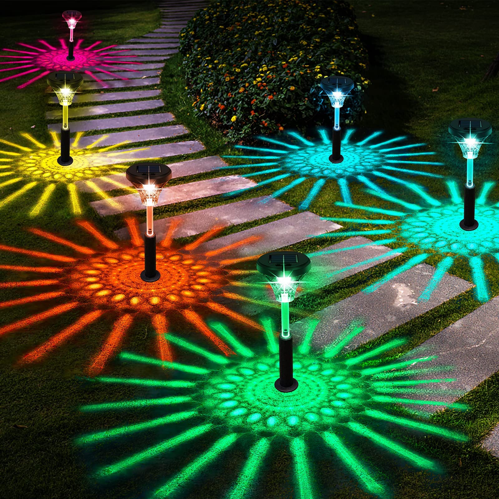 6 Pack Color Changing/Warm White Solar Path Lights - Waterproof, for Yard, Walkway, Lawn, Driveway