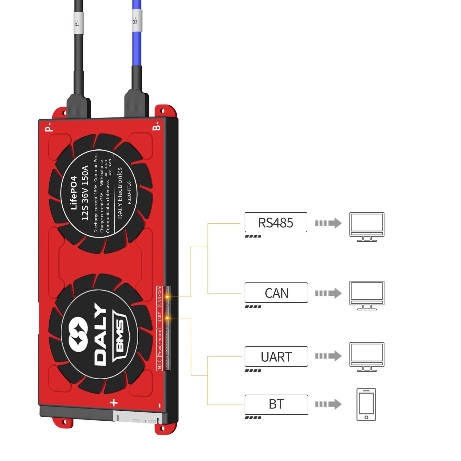 DALY Smart BMS LiFePo4 12S 36V 150A PCB Battery Protection Board with UART Communication and CAN 485 Bluetooth Battery Monitoring Module for Household Energy Storage