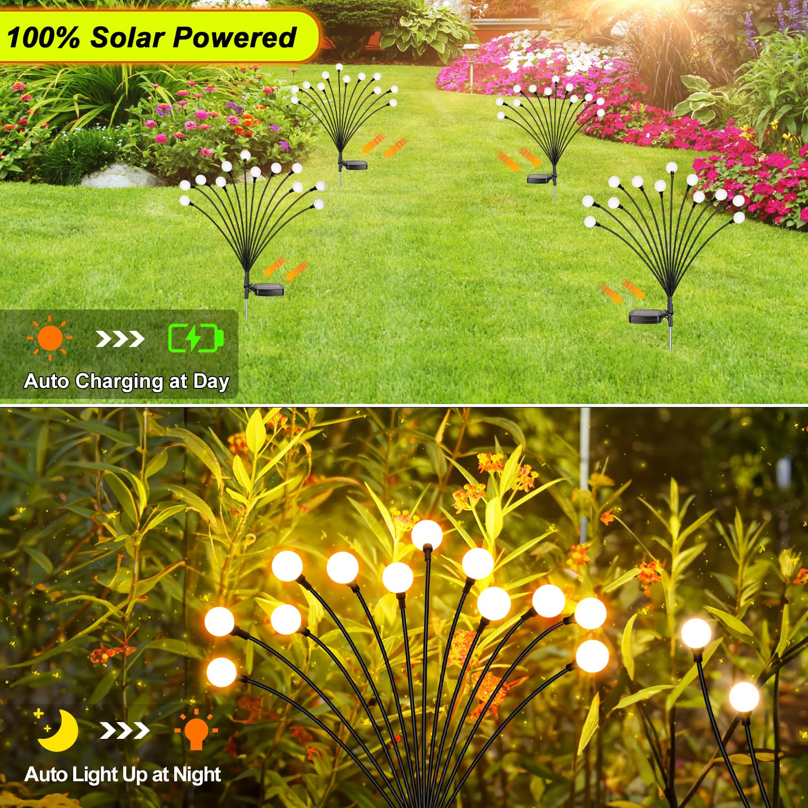 48 LED 4 Packs Solar Garden Lights, Firefly Lights Solar Outdoor Waterproof, Swaying Outdoor Lights with 2 Modes, High Flexibility Iron, Solar Powered Yard Patio Walkway Pathway Decoration, Warm White
