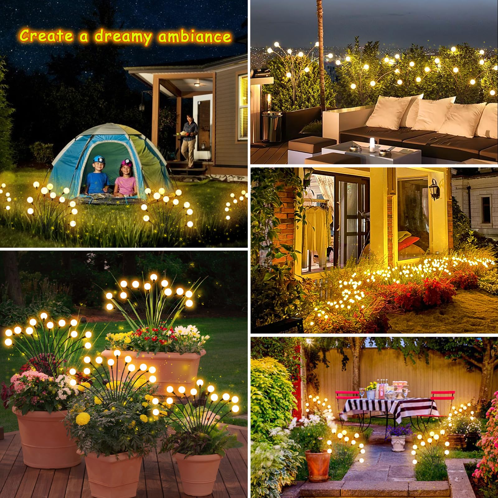 48 LED 4 Packs Solar Garden Lights, Firefly Lights Solar Outdoor Waterproof, Swaying Outdoor Lights with 2 Modes, High Flexibility Iron, Solar Powered Yard Patio Walkway Pathway Decoration, Warm White