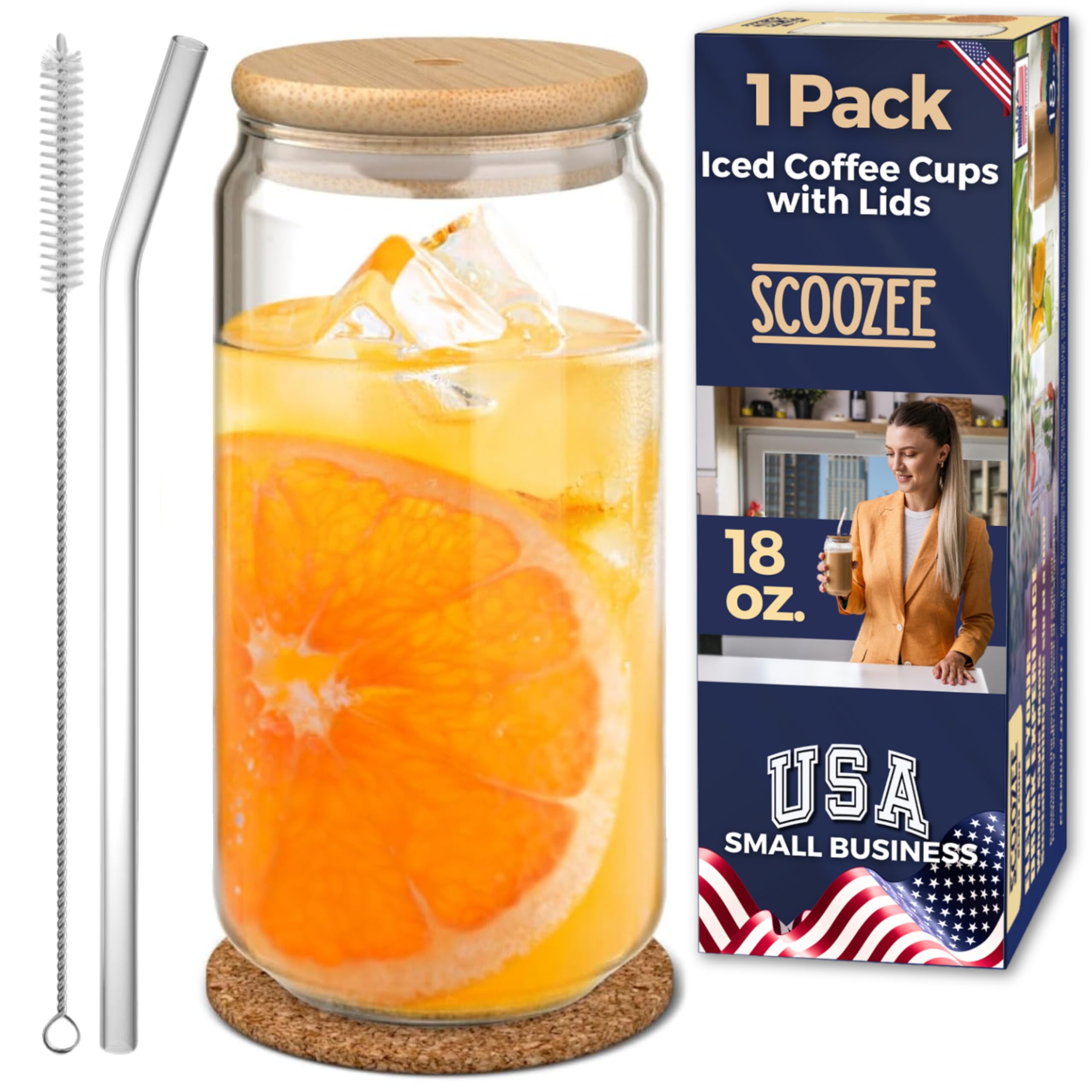 Scoozee Glass Cups with Lids and Straws (Set of 4, 16 oz) - Glass Tumbler with Straw and Lid, Can Shaped Drinking Glasses, Iced Coffee Cup, Beer Glasses - Aesthetic Cute Coffee Bar Gift