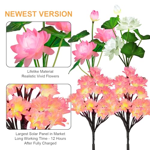QINGYA 4pack Solar Flower Lights Outdoor Waterproof IP65,Solar Lotus &Peachblossom Garden Decorative Lights Led Flowers Decor Auto On/Off Bright Up to 12Hrs