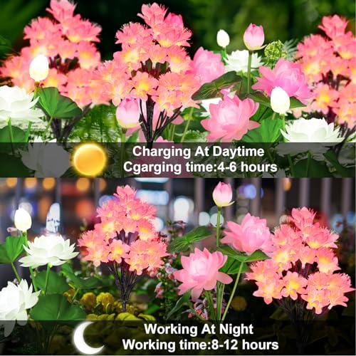 QINGYA 4pack Solar Flower Lights Outdoor Waterproof IP65,Solar Lotus &Peachblossom Garden Decorative Lights Led Flowers Decor Auto On/Off Bright Up to 12Hrs