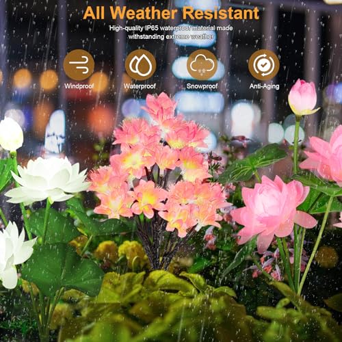 QINGYA 4pack Solar Flower Lights Outdoor Waterproof IP65,Solar Lotus &Peachblossom Garden Decorative Lights Led Flowers Decor Auto On/Off Bright Up to 12Hrs