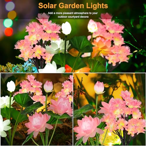 QINGYA 4pack Solar Flower Lights Outdoor Waterproof IP65,Solar Lotus &Peachblossom Garden Decorative Lights Led Flowers Decor Auto On/Off Bright Up to 12Hrs