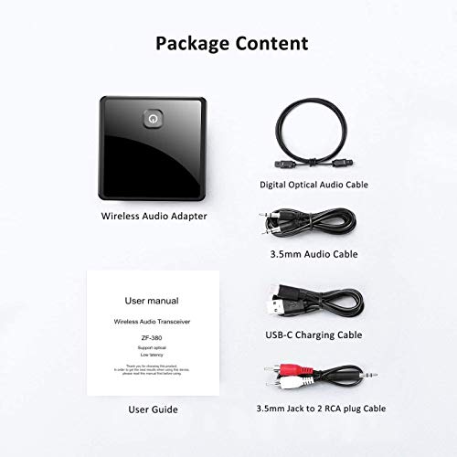 Isobel Bluetooth 5.0 Transmitter Receiver (Optical, 3.5mm AUX, RCA), Low Latency Wireless Audio Adapter Rechargeable Bluetooth AUX Adapter for TV PC Car/Home Stereo System Speakers, Dual Link