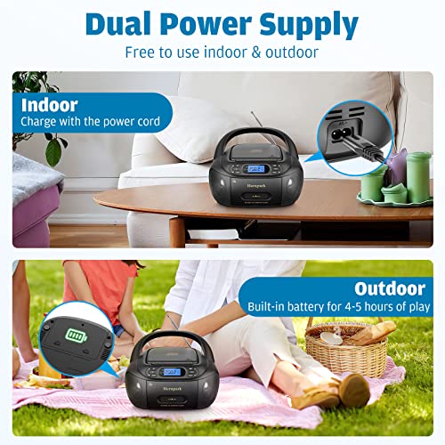 Portable CD Player with Bluetooth, Hernpark Rechargeable Boombox CD Cassette Player Combo with FM Radio Built-in Stereo Sound System/Super Bass/AUX Input/USB Playback/Headphone Jack Output