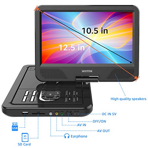 WONNIE 12.5 Inch Portable DVD Player for Car, with Rechargeable Battery, 10.5" Swivel Screen, SD Card Slot and USB Port, Gift for Kid and Senior Citizens(Black)
