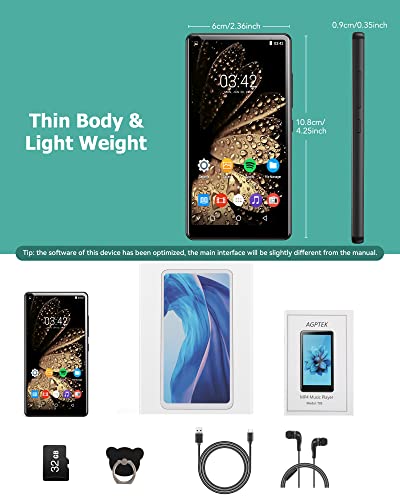 AGPTEK 40GB MP3 Player with Bluetooth and WiFi, 4" Full Touch Screen MP4 Player with Spotify, Android Online Music Player with Speaker, FM Radio, Expandable Up to 32GB