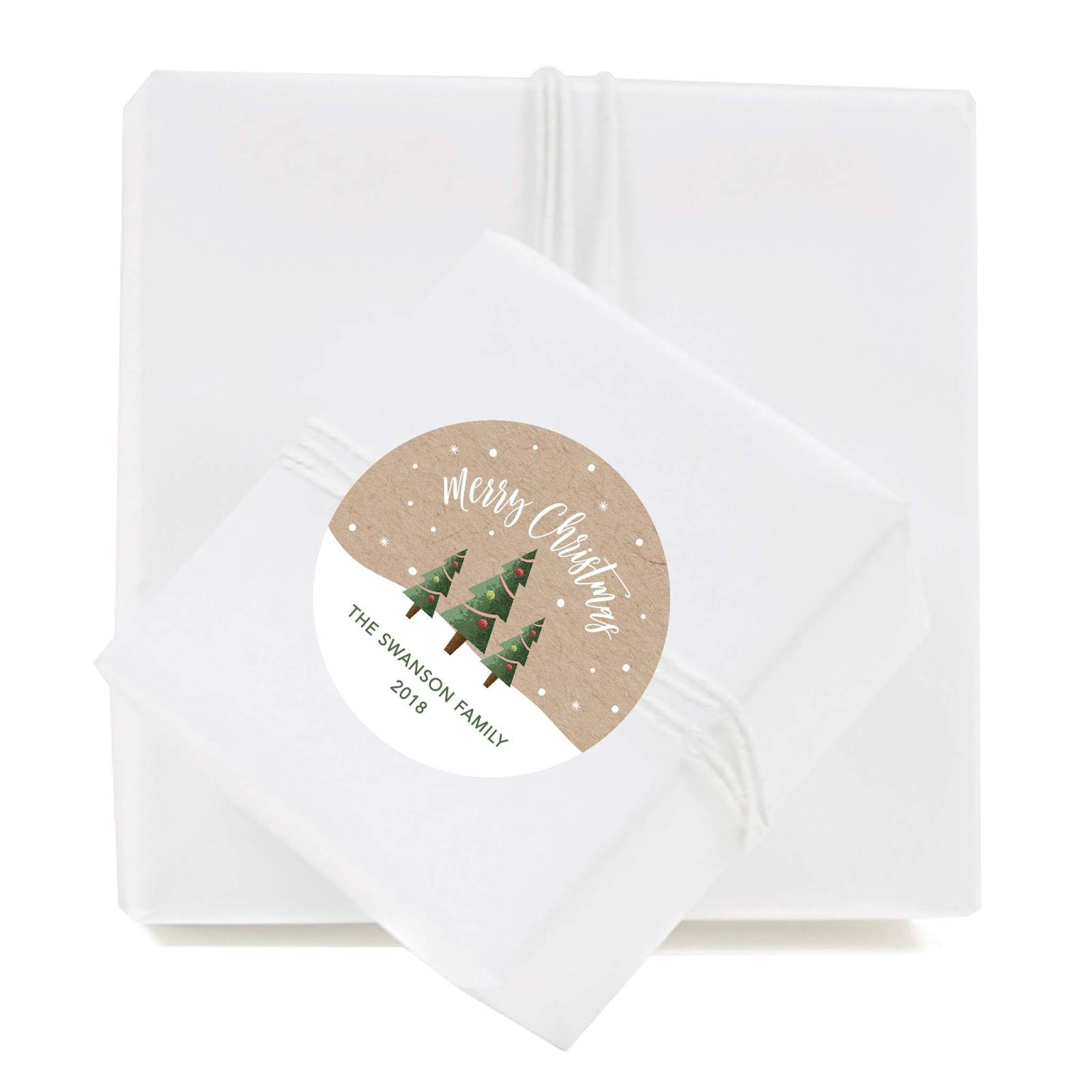 Andaz Press Personalized Christmas Round Circle Gift Sticker Labels, Christmas Trees on Kraft Brown, Merry Christmas 40-Pack, Custom Name Year, Stationery Packaging Envelope Letter Label