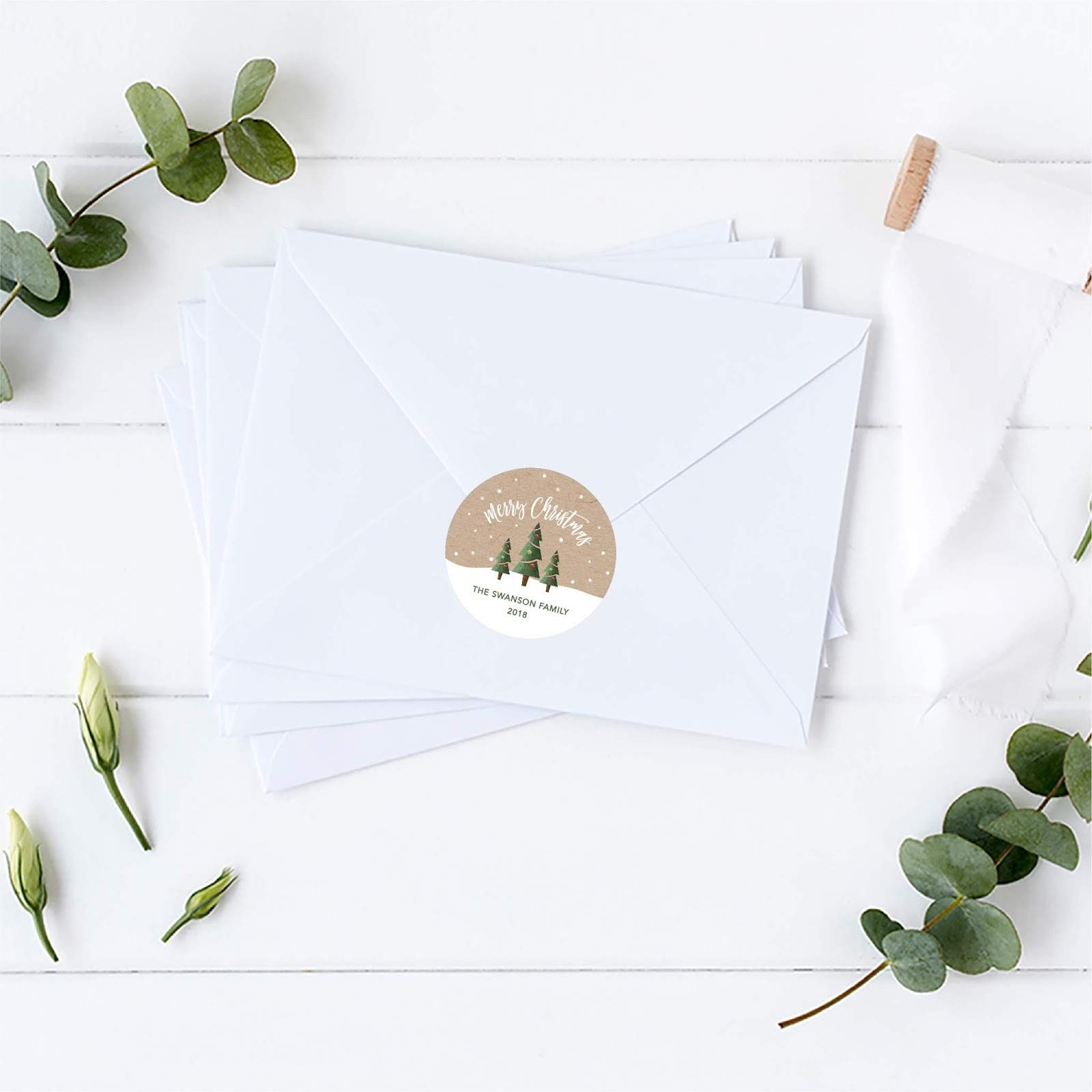 Andaz Press Personalized Christmas Round Circle Gift Sticker Labels, Christmas Trees on Kraft Brown, Merry Christmas 40-Pack, Custom Name Year, Stationery Packaging Envelope Letter Label
