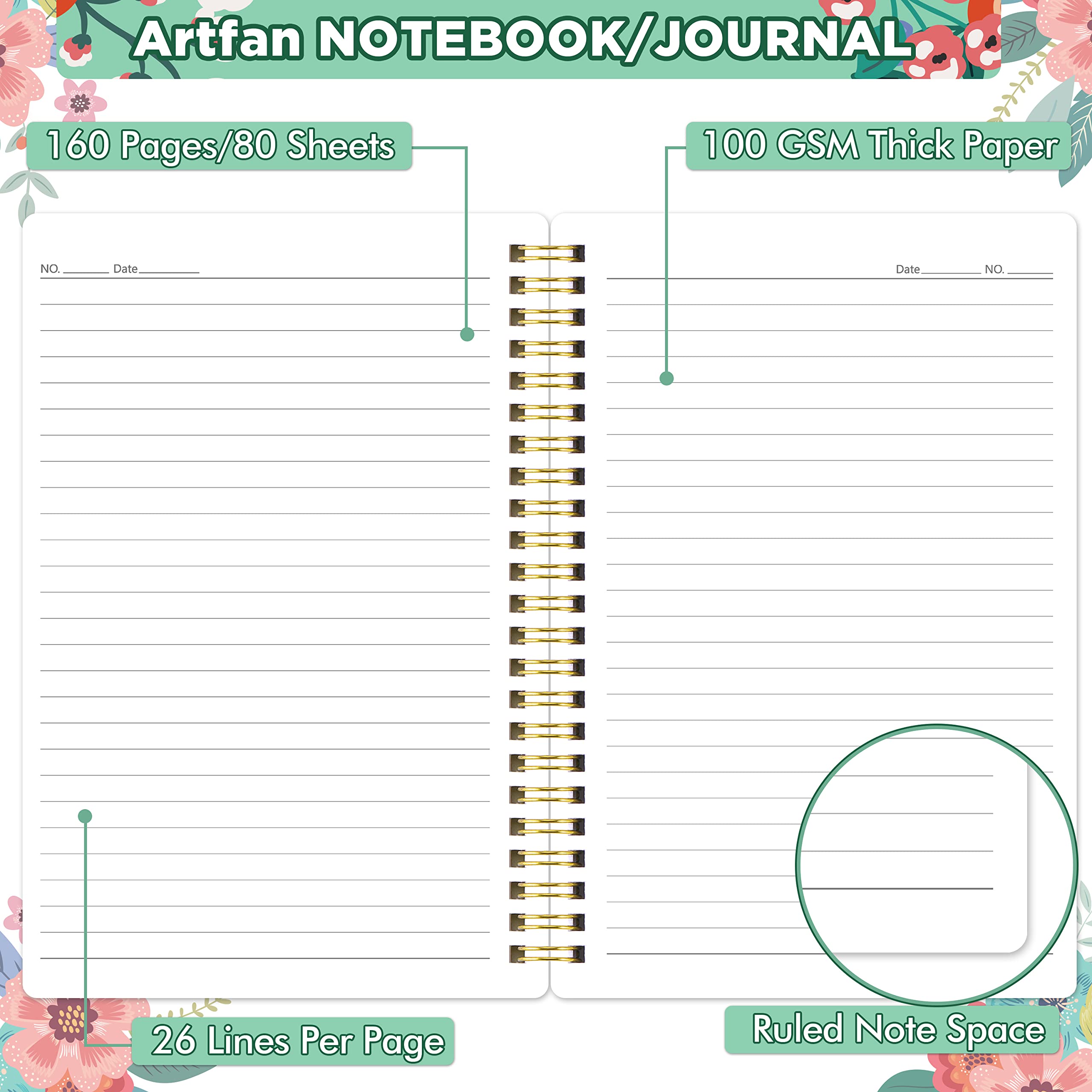 Spiral Notebook - 3 Pack A5 Lined Journal Notebook, Spiral Journal for Women, 5.7" x 8.4", 160 Pages, College Ruled Writing Notebook with Back Pocket, 100gsm Paper, for Office & School