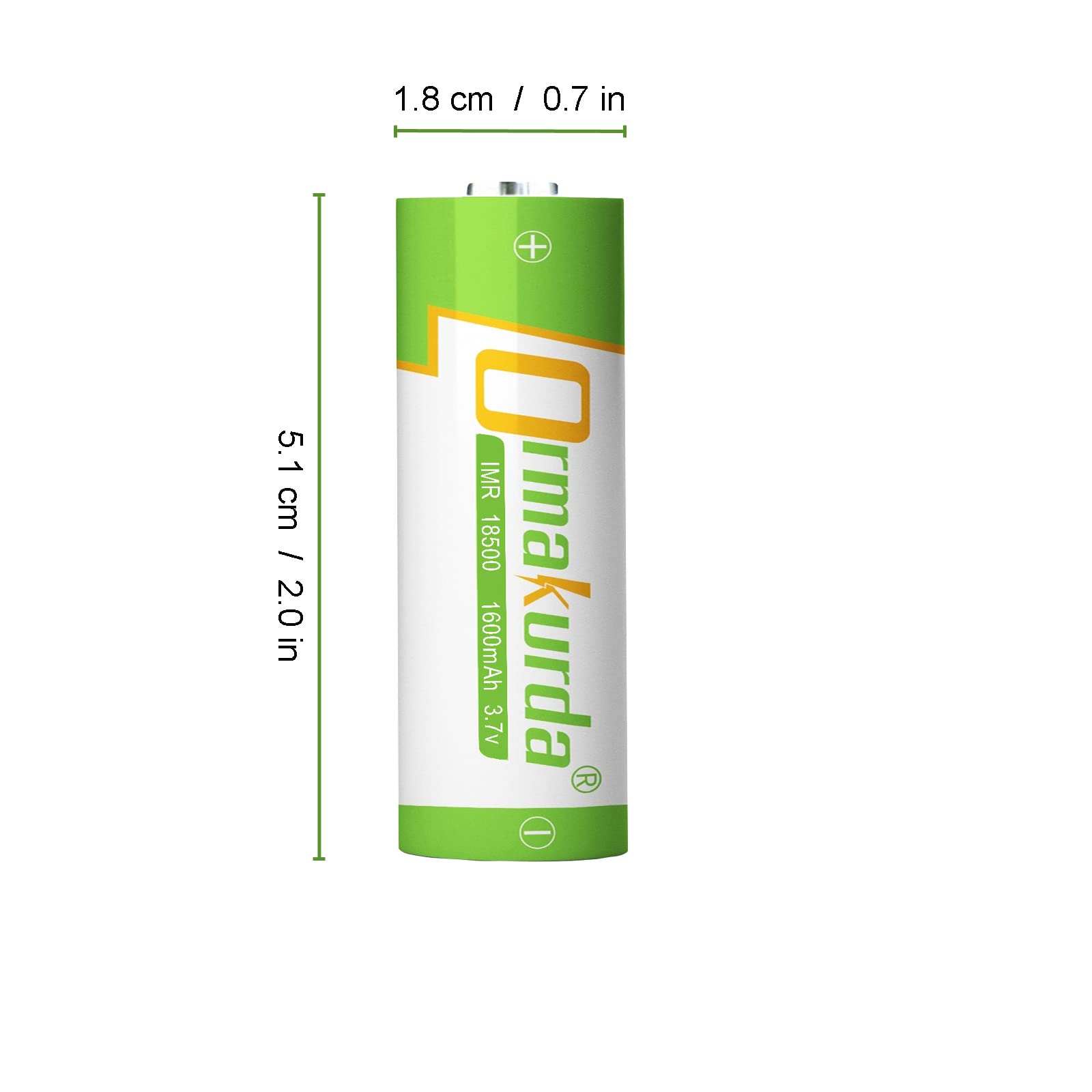 Ormakurda 18500 Rechargeable Battery, IMR 18500 1600mAh 3.7V Li-ion Rechargeable Batteries with Button Top,for Flashlight, Solar Garden Light (2Pack)