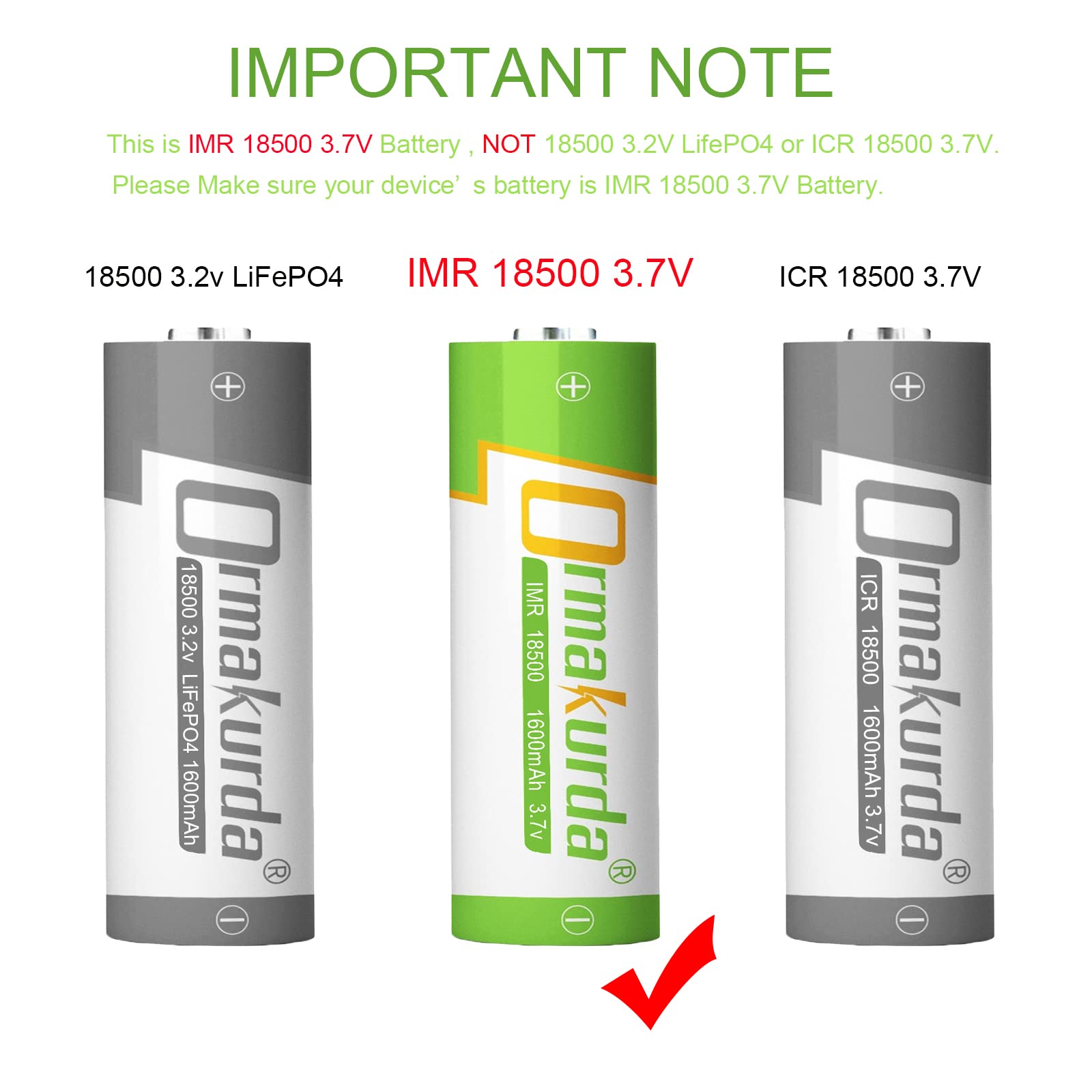 Ormakurda 18500 Rechargeable Battery, IMR 18500 1600mAh 3.7V Li-ion Rechargeable Batteries with Button Top,for Flashlight, Solar Garden Light (2Pack)