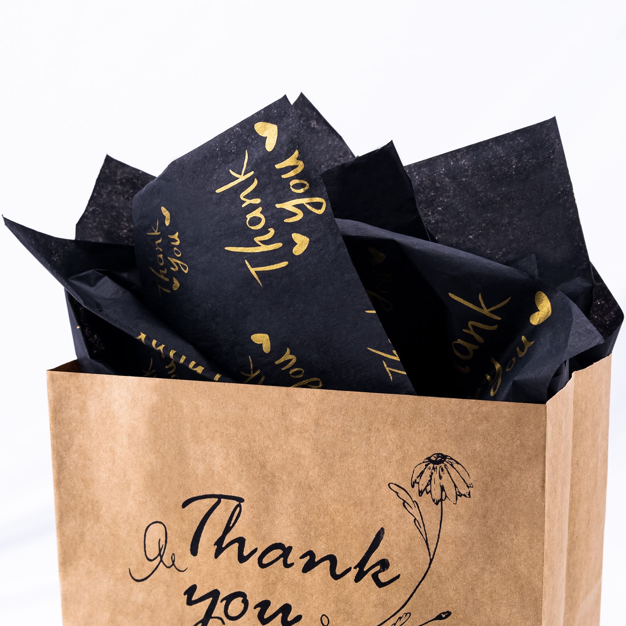 MR FIVE 30 Sheets Large Size Gold Thank You Tissue Paper Bulk,20" x 28",Thank You Tissue Paper for Packaging,Gift Bags,Gift Wrapping Tissue Paper for Graduation,Birthday,Party,Thanksgiving (Black)
