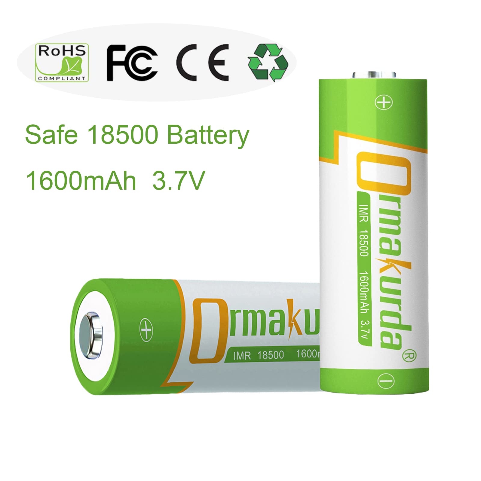 Ormakurda 18500 Rechargeable Battery, IMR 18500 1600mAh 3.7V Li-ion Rechargeable Batteries with Button Top,for Flashlight, Solar Garden Light (2Pack)